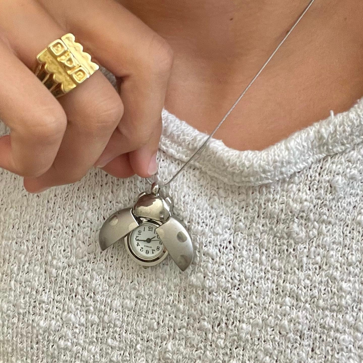 Silver Ladybug Clock Necklace | Handcrafted by OWEO